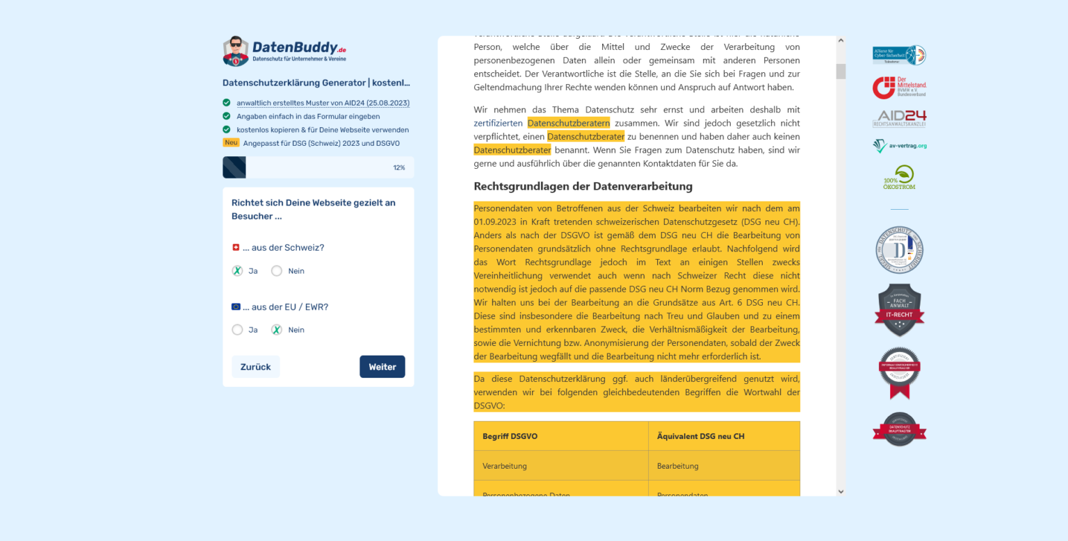 Datenschutzerklärung Generator nach Schweizer Recht | kostenlos